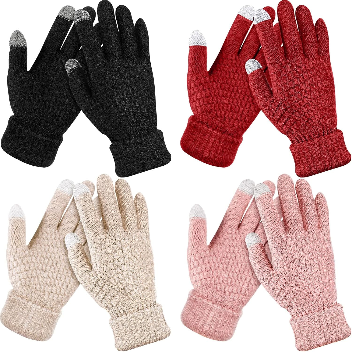 4 Pairs Women's Winter Touch Screen Gloves Warm Fleece Lined Knit Gloves Elastic Cuff Winter ...