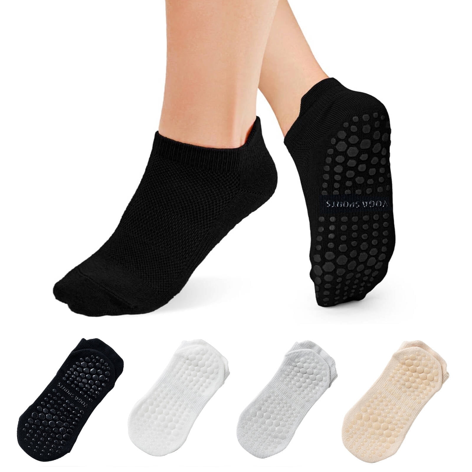 4 Pairs Yoga & Pilates Socks – Non-Slip Grip Socks for Women & Men ...