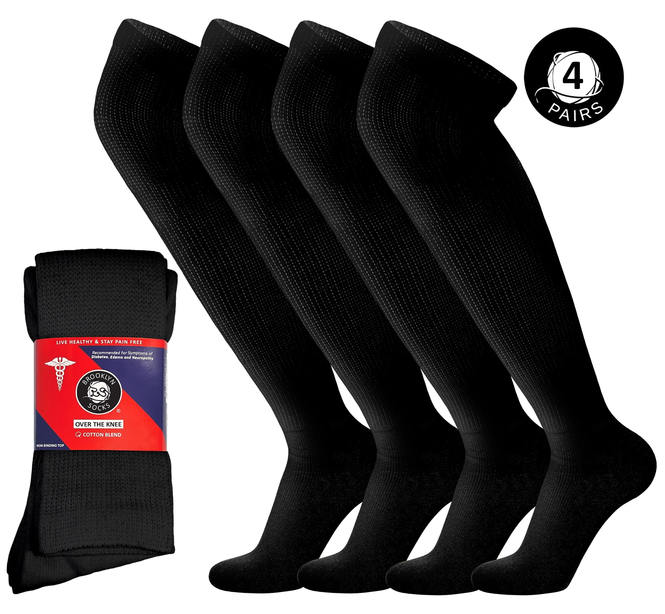 4 Pairs of Diabetic Over the Knee Cotton Socks (Black, Sock Size 10-13 ...
