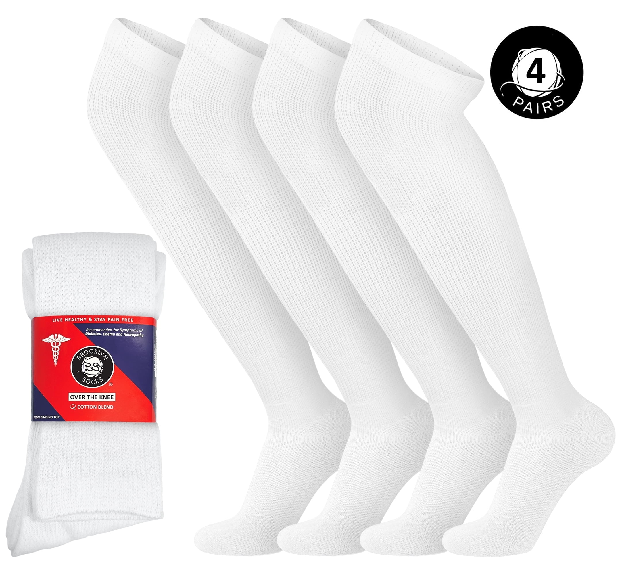 4 Pairs of Diabetic Over the Knee Cotton Socks (White, Sock Size 13-16 ...
