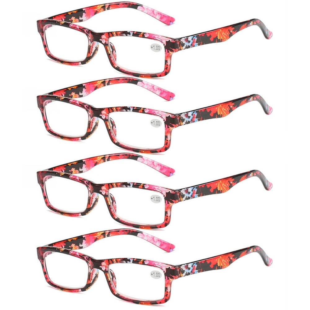 4 Pairs of Women's Red Floral Small Rectangle Reading Glasses 4.00 Men ...