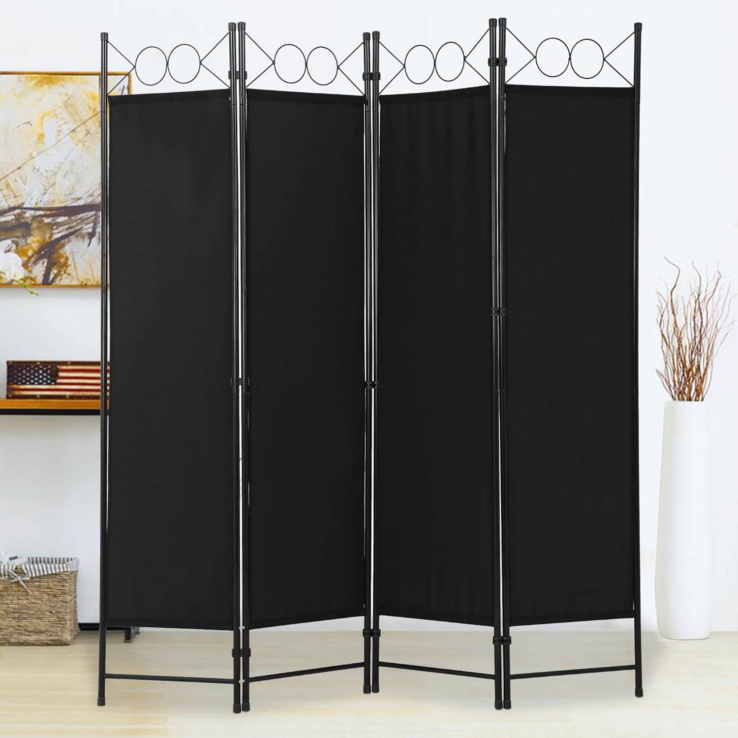 4 Panel 68" H Room Divider Partition Folding Steel Frame Screen ...