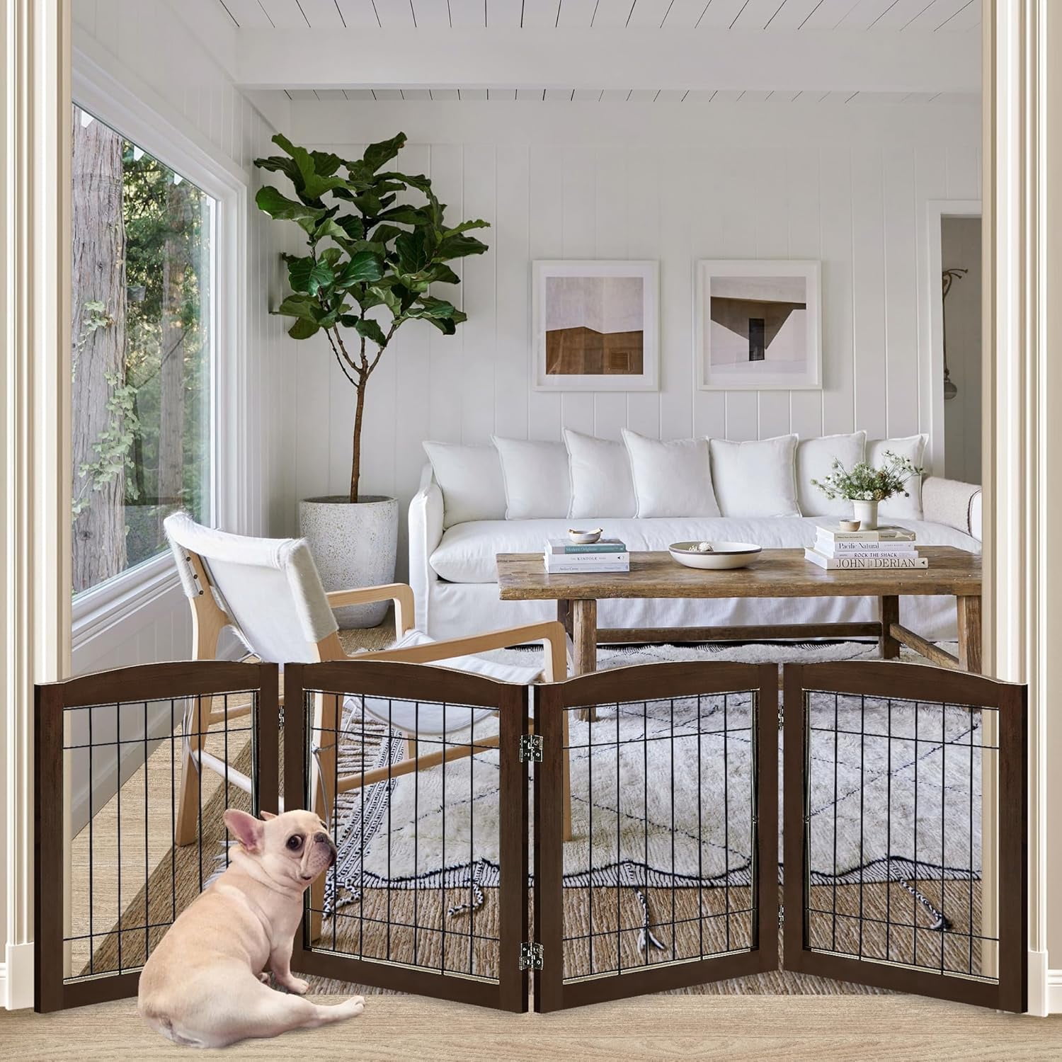 4-Panel Extra-Wide Wooden Freestanding Dog Gate: Foldable Solid Wood ...