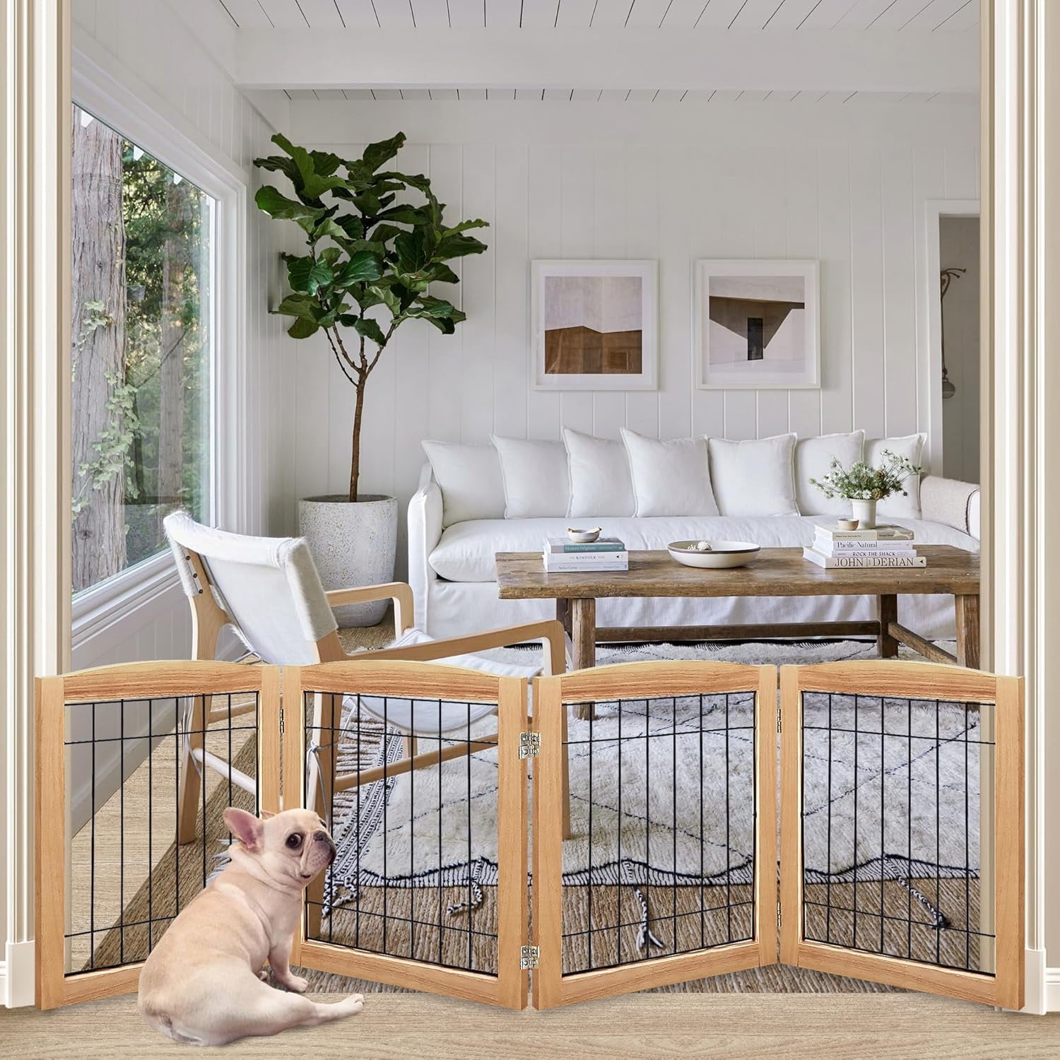 4-Panel Extra-Wide Wooden Freestanding Dog Gate: Foldable Solid Wood ...