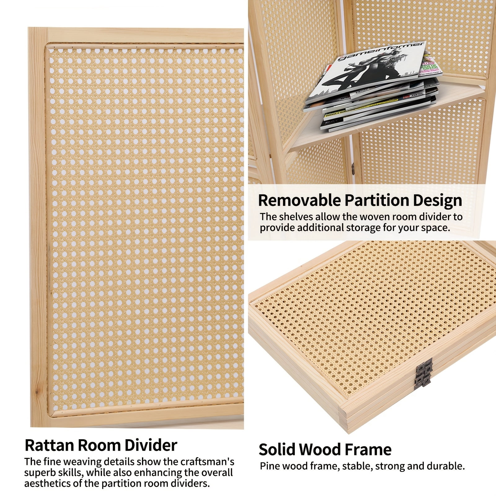 4 Panel Foldable Wooden Room Dividers With Hand-Woven Rattan Screen ...