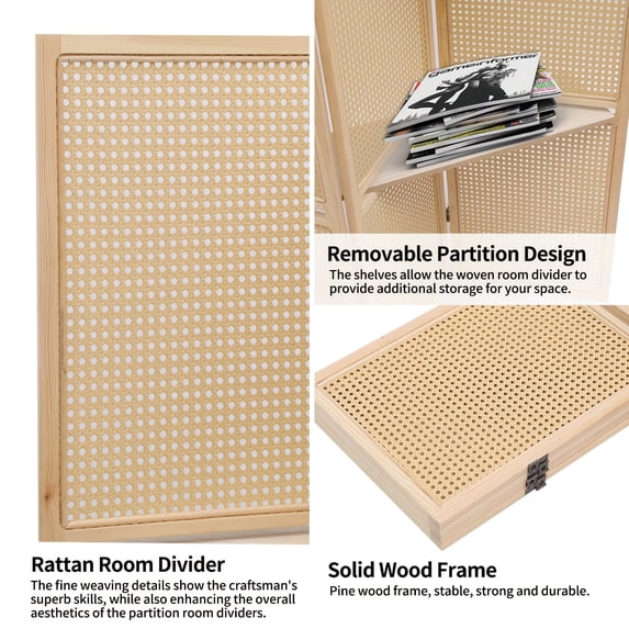 4 Panel Foldable Wooden Room Dividers With Hand-Woven Rattan Screen ...