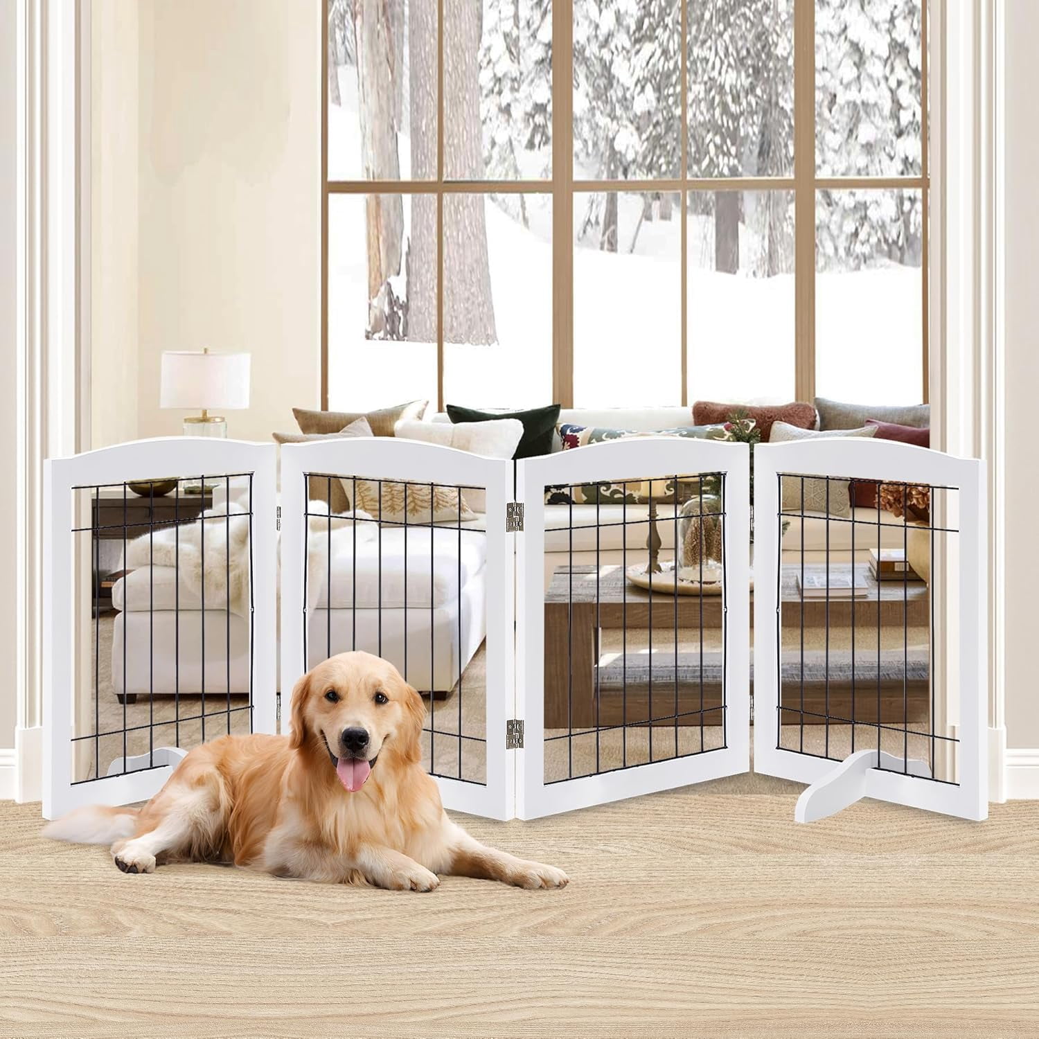 4-Panel Freestanding Wooden Dog Gate—Extra Wide 30” Tall Foldable Pet ...