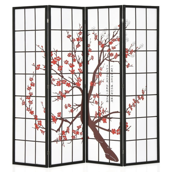 4-Panel Japanese Style Folding Room Divider w/ Elegant Plum Blossom ...