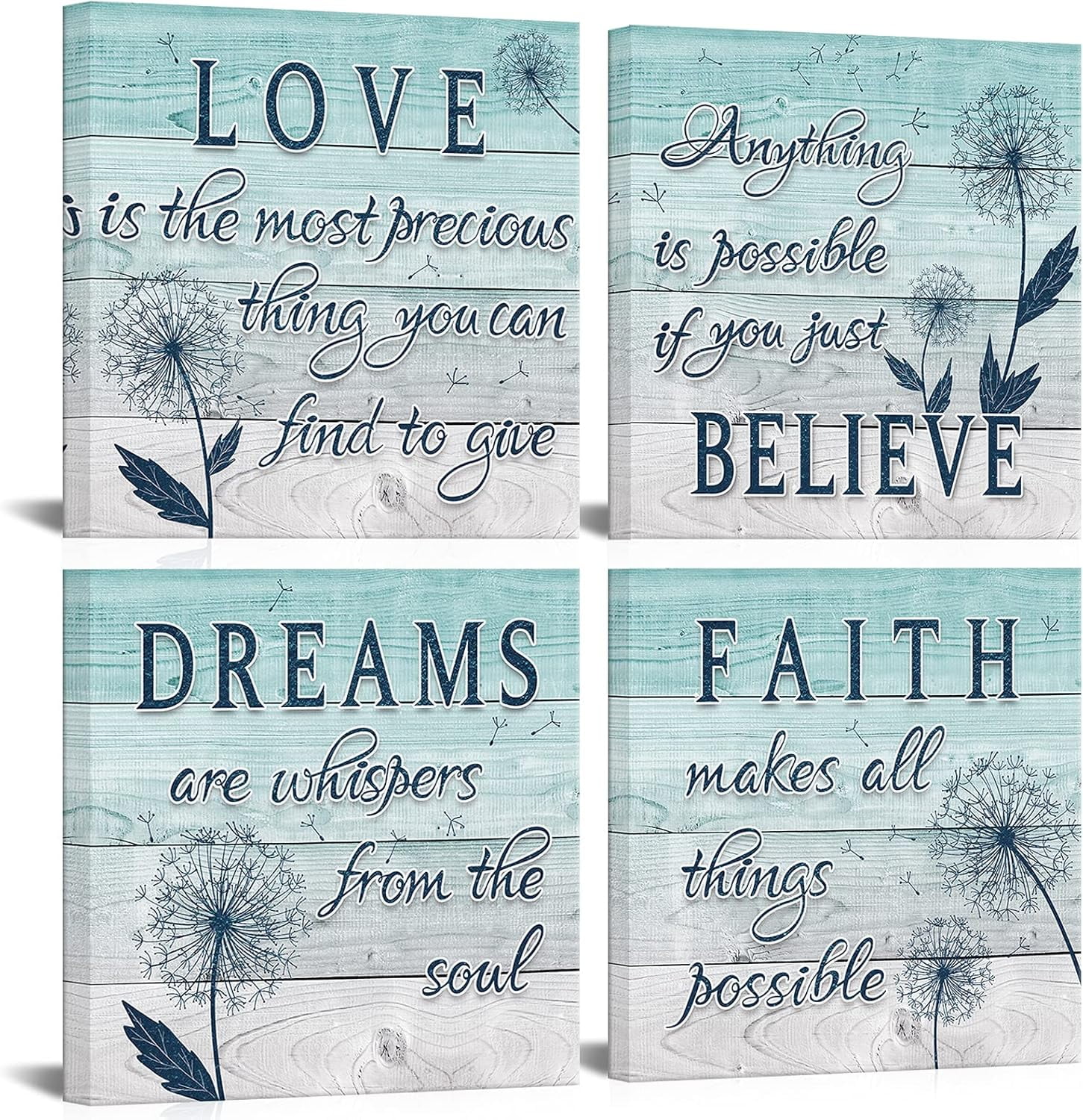 4 Panel Motivational Quote Canvas Wall Art Teal Blue Dandelion Picture ...