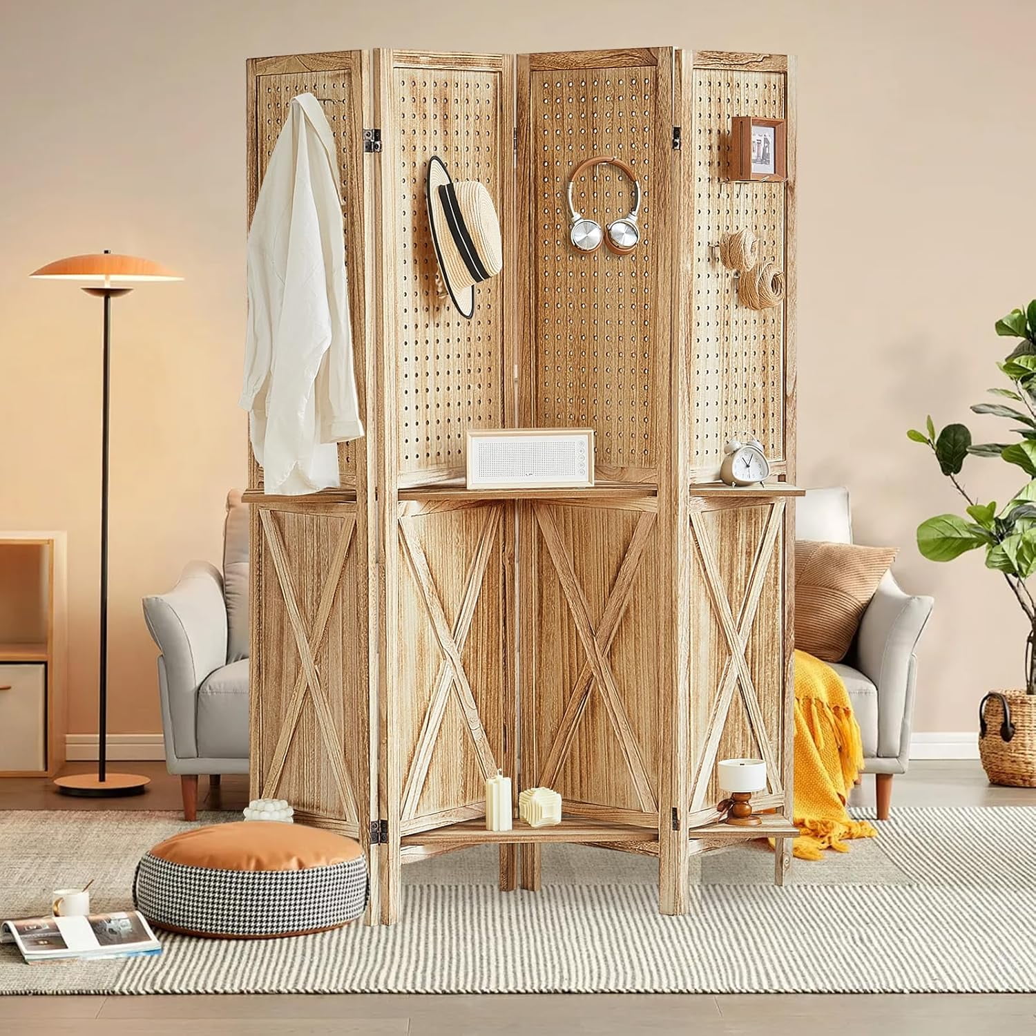 4 Panel Pegboard Display with 16 Hooks, Wooden Pegboard Room Divider ...