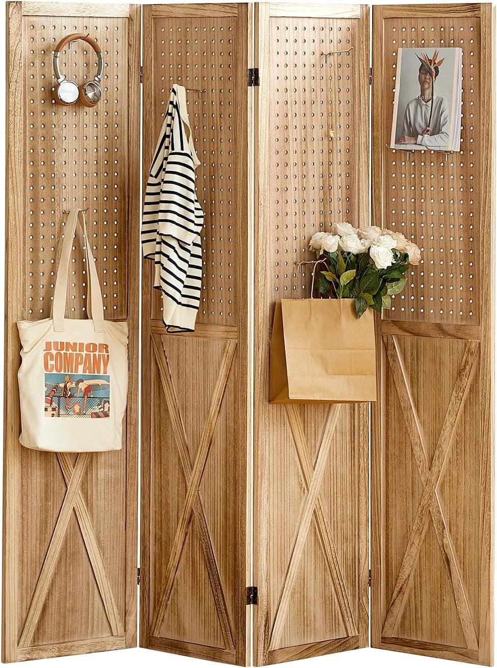 4 Panel Pegboard Display, 5.6Ft Wood Room Dividers and Folding Privacy ...