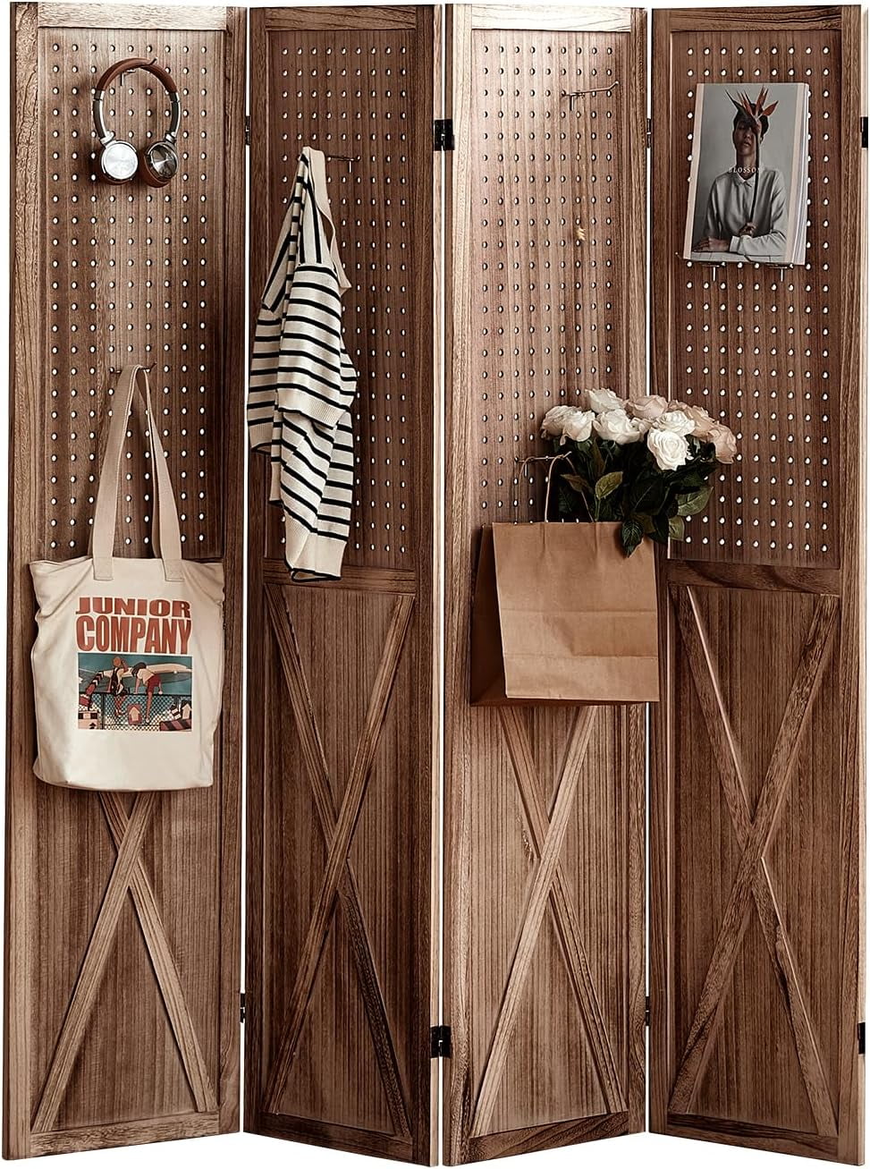 4 Panel Pegboard Display, 5.6Ft Wood Room Dividers and Folding Privacy ...