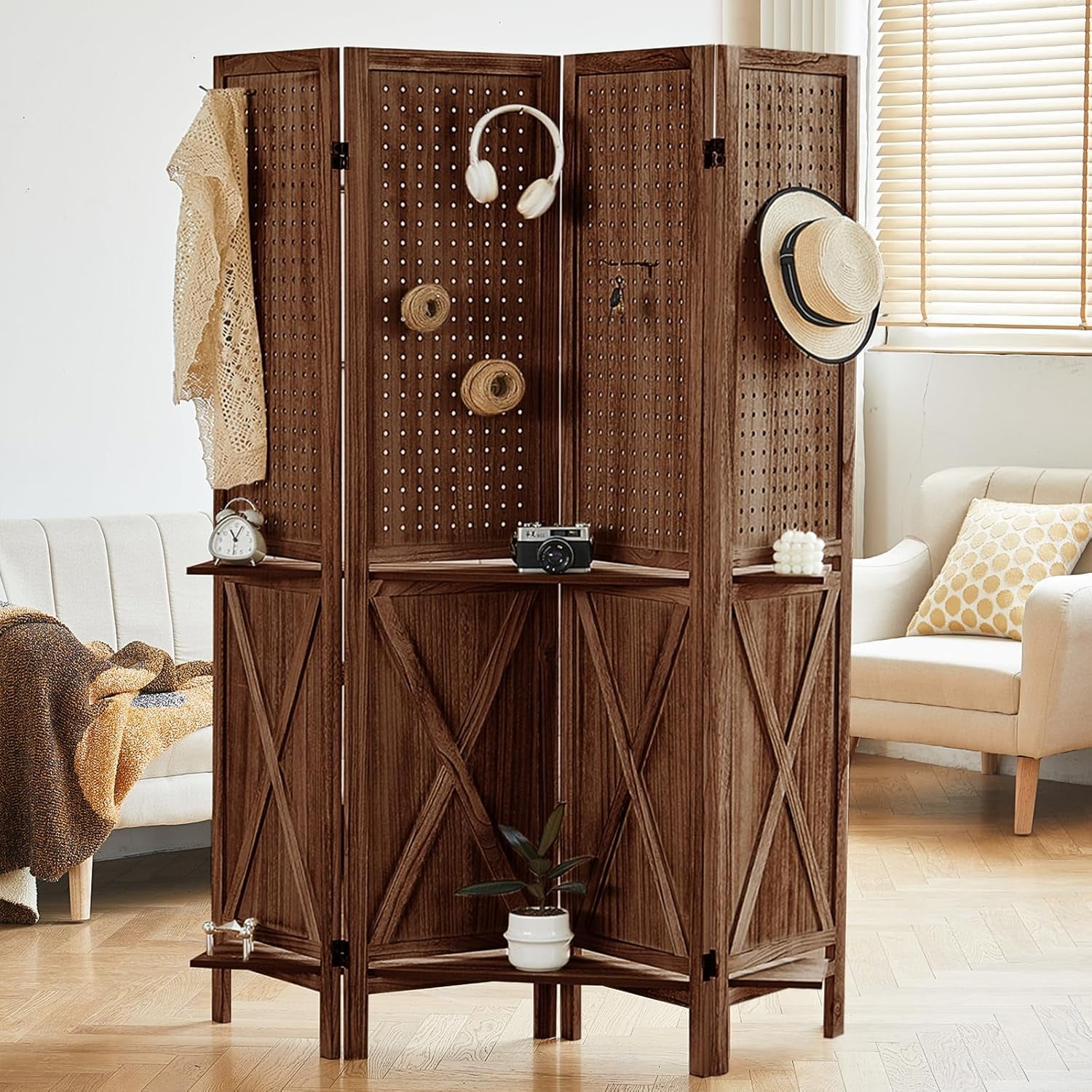 4 Panel Pegboard Room Divider with Shelves, Wood Room Divider and ...