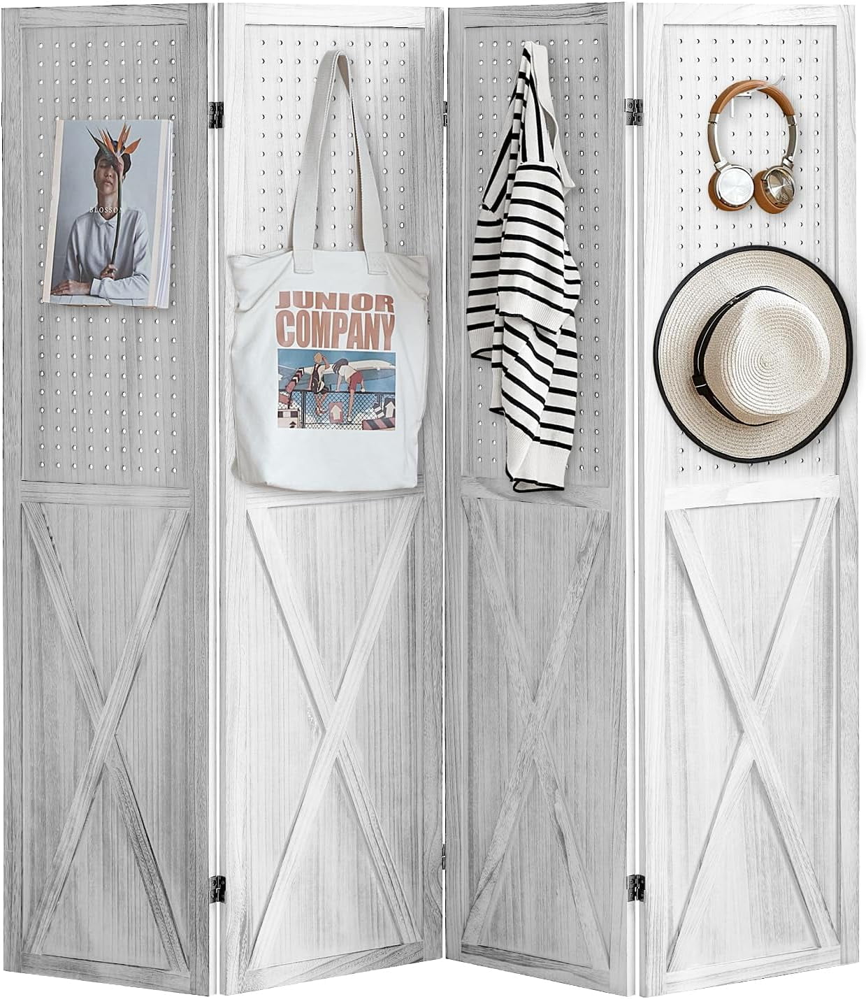 4 Panel Pegboard Wood Room Divider, 5.6Ft Pegboard Display Folding ...