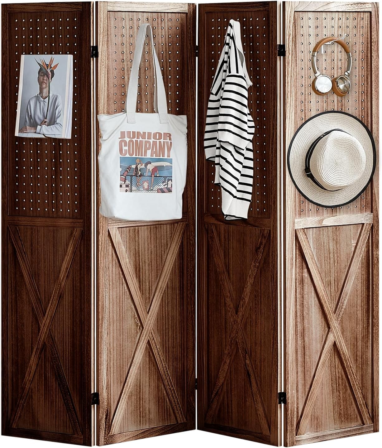 4 Panel Pegboard Wood Room Divider, 5.6Ft Pegboard Display Folding ...