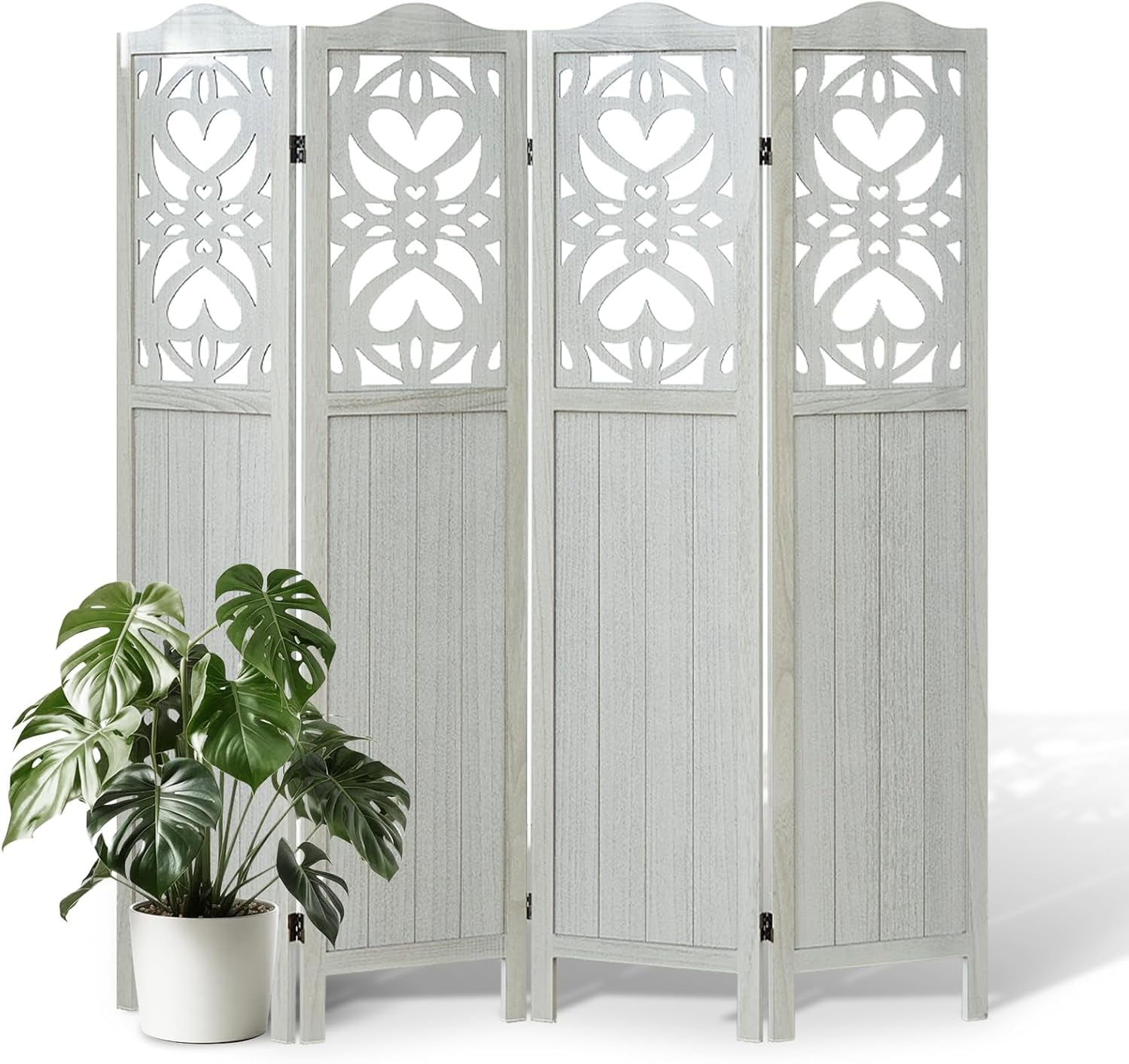 4 Panel Room Divider 5.6FT Wood Carved Room Divider Folding Privacy ...