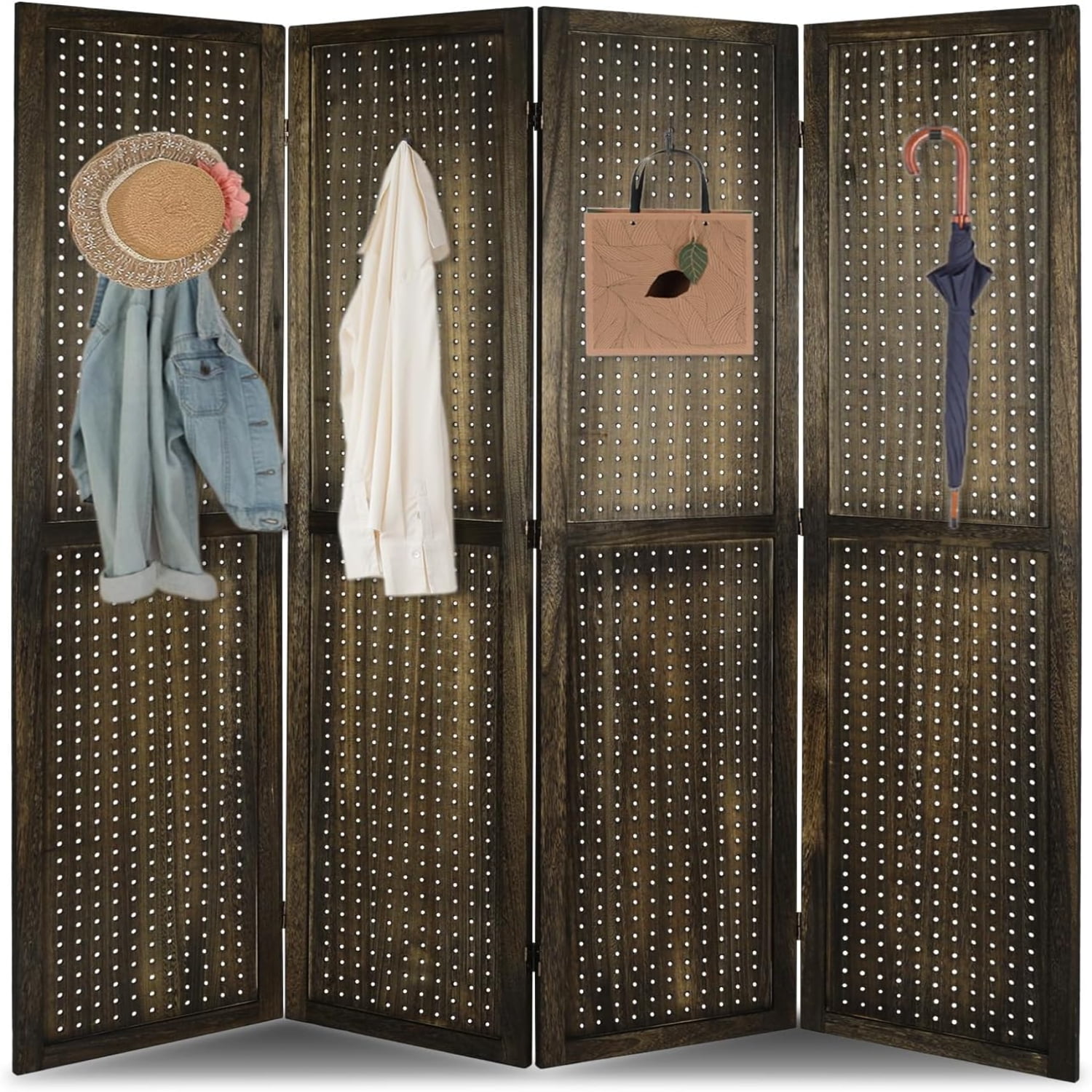 4 Panel Room Divider 5.6Ft Pegboard Display Wooden Room Divider Folding ...