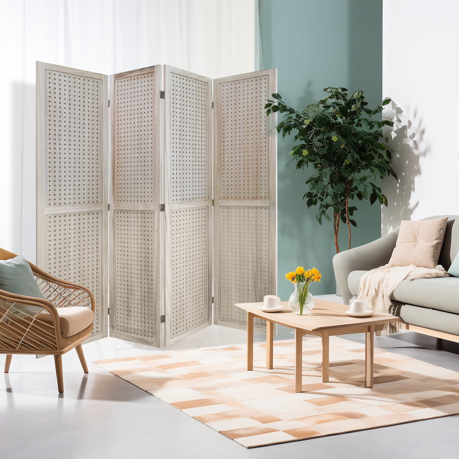 4 Panel Room Divider 5.6Ft Pegboard Display Wooden Room Divider Folding ...