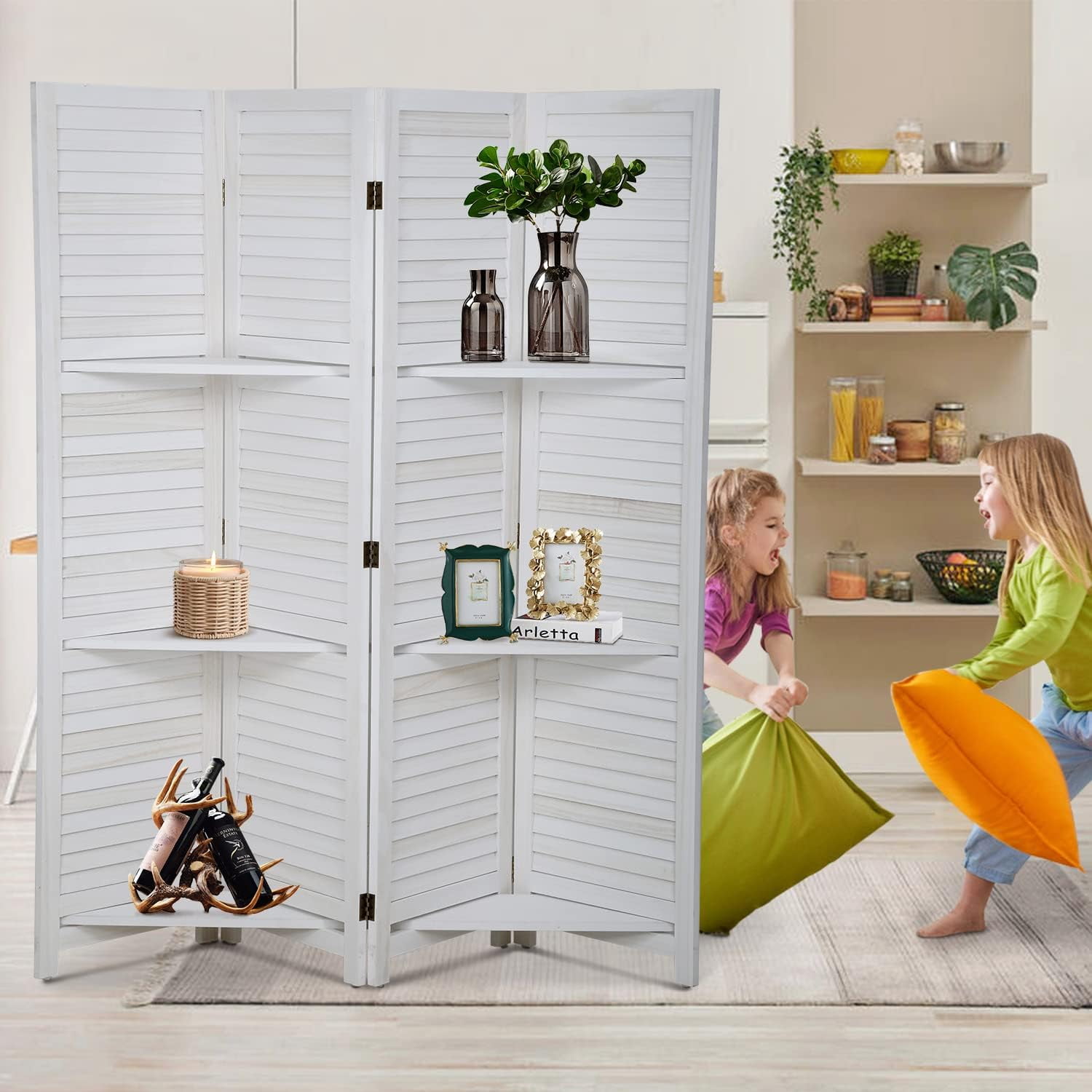 4 Panel Room Divider Folding Privacy Wooden Screen with Three Clever ...