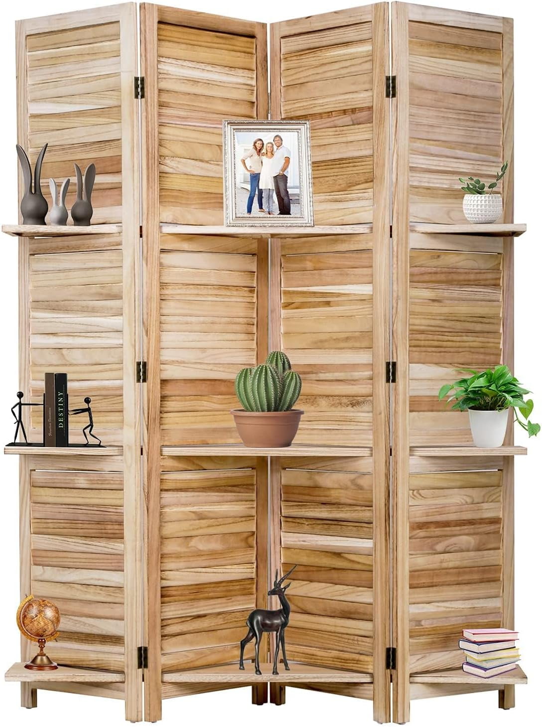 4 Panel Room Divider Folding Privacy Wooden Screen with Three Clever ...