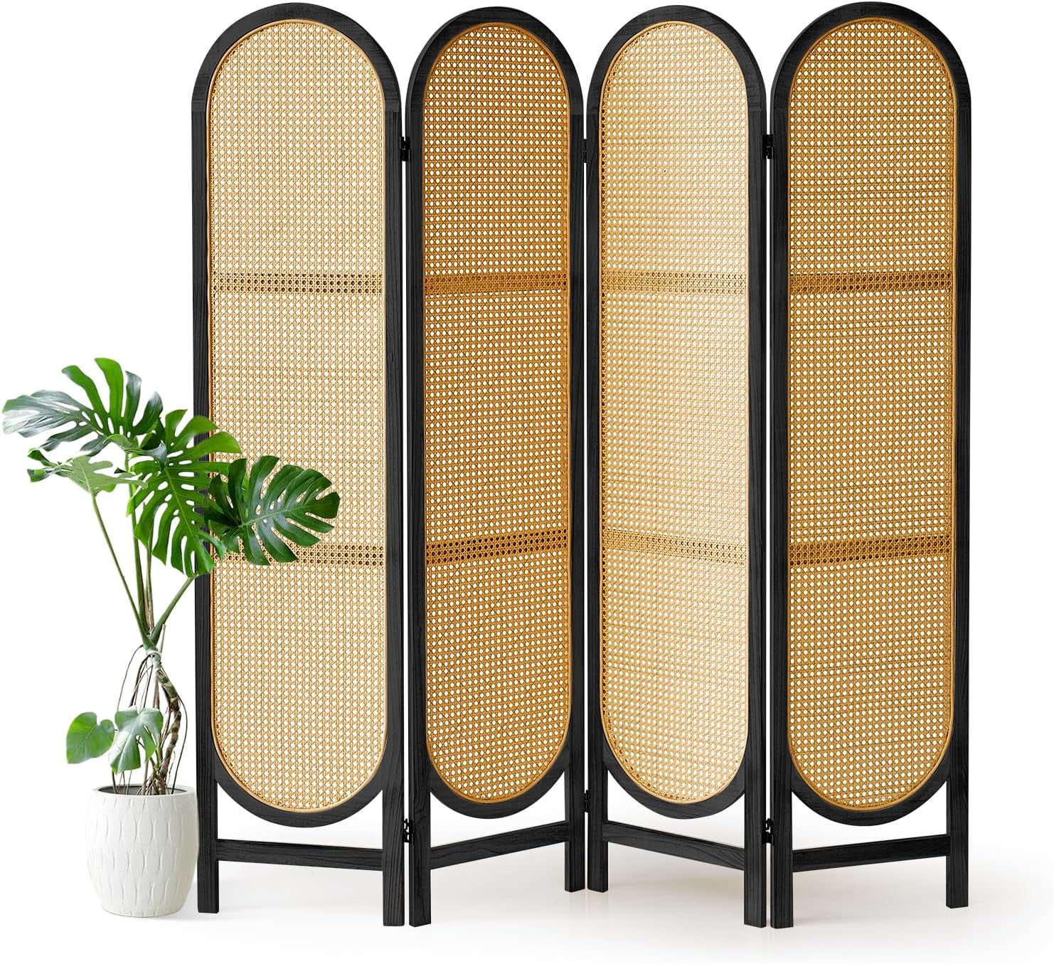 4 Panel Room Divider, Hand-Woven Rattan Room Divider Screen, Folding ...