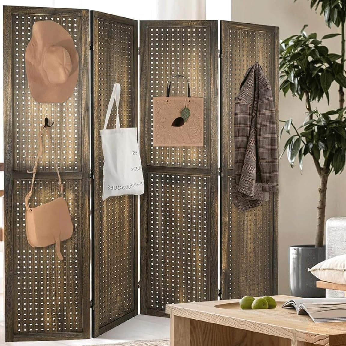 4 Panel Room Divider with Pegboard Display, 5.6Ft Pegboard Room Divider ...
