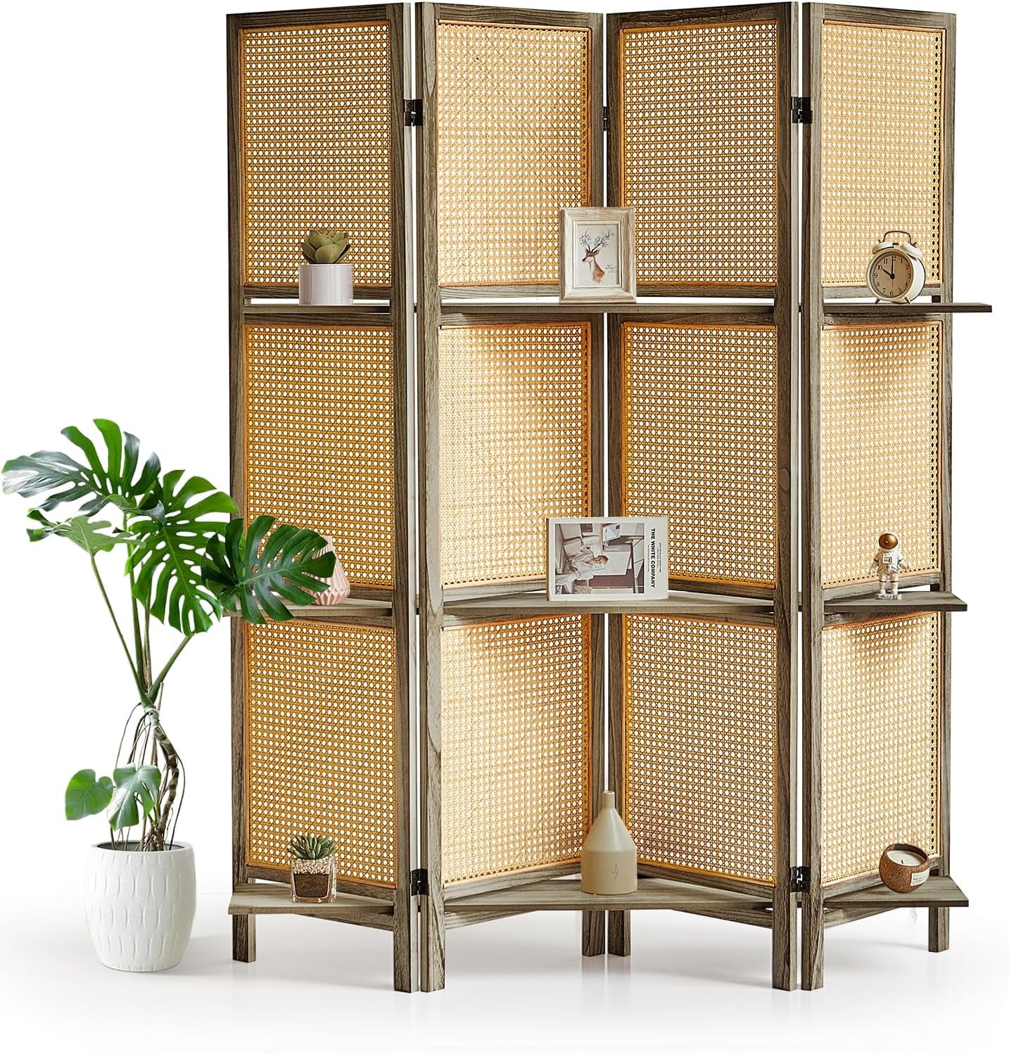 4 Panel Room Divider with Shelves, 5.6FT Tall Folding Rattan Privacy ...