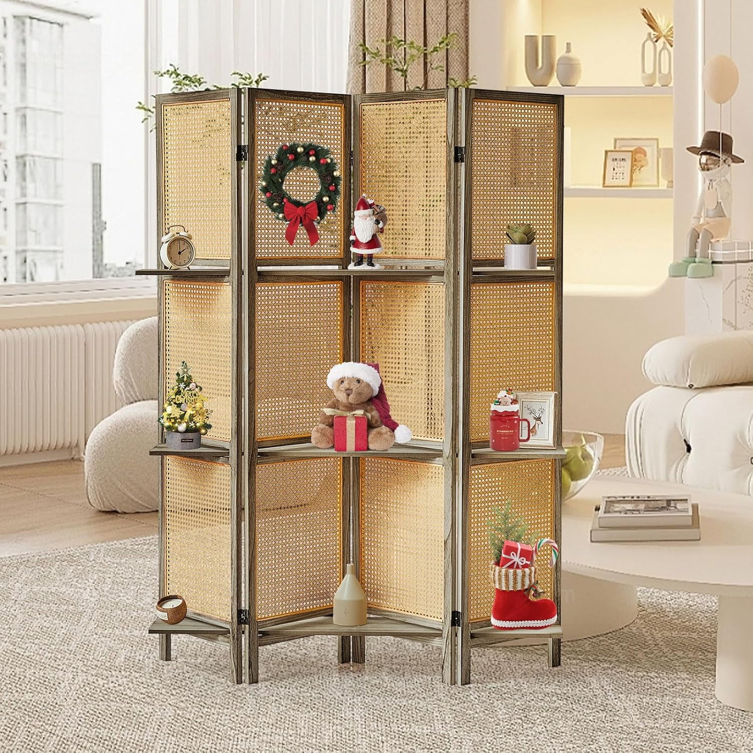 4 Panel Room Divider with Shelves, 5.6ft Tall Room Dividers and Folding ...