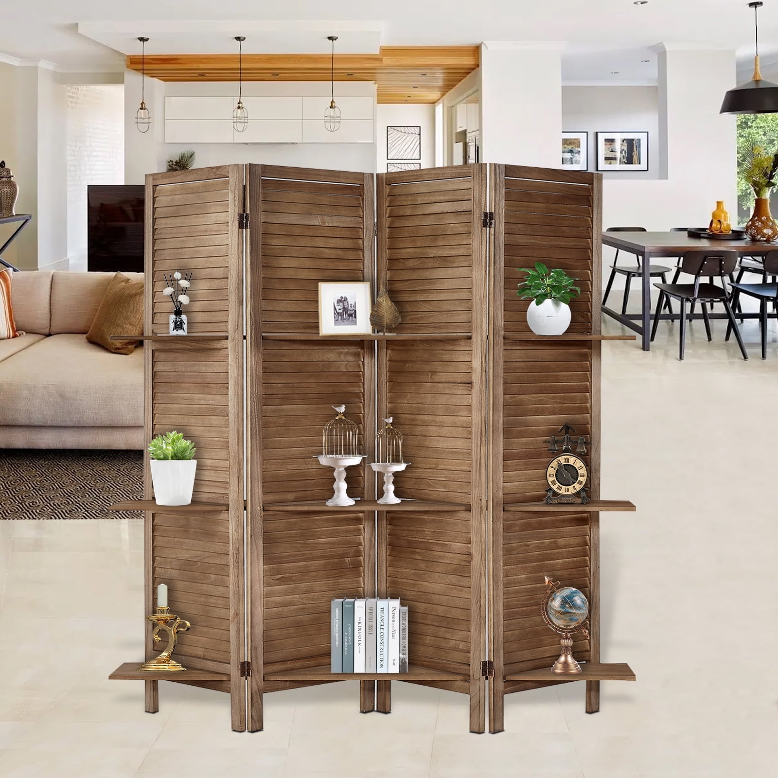 4-Panel Room Divider with Shelves，5.6ft Tall Folding Privacy Screen ...