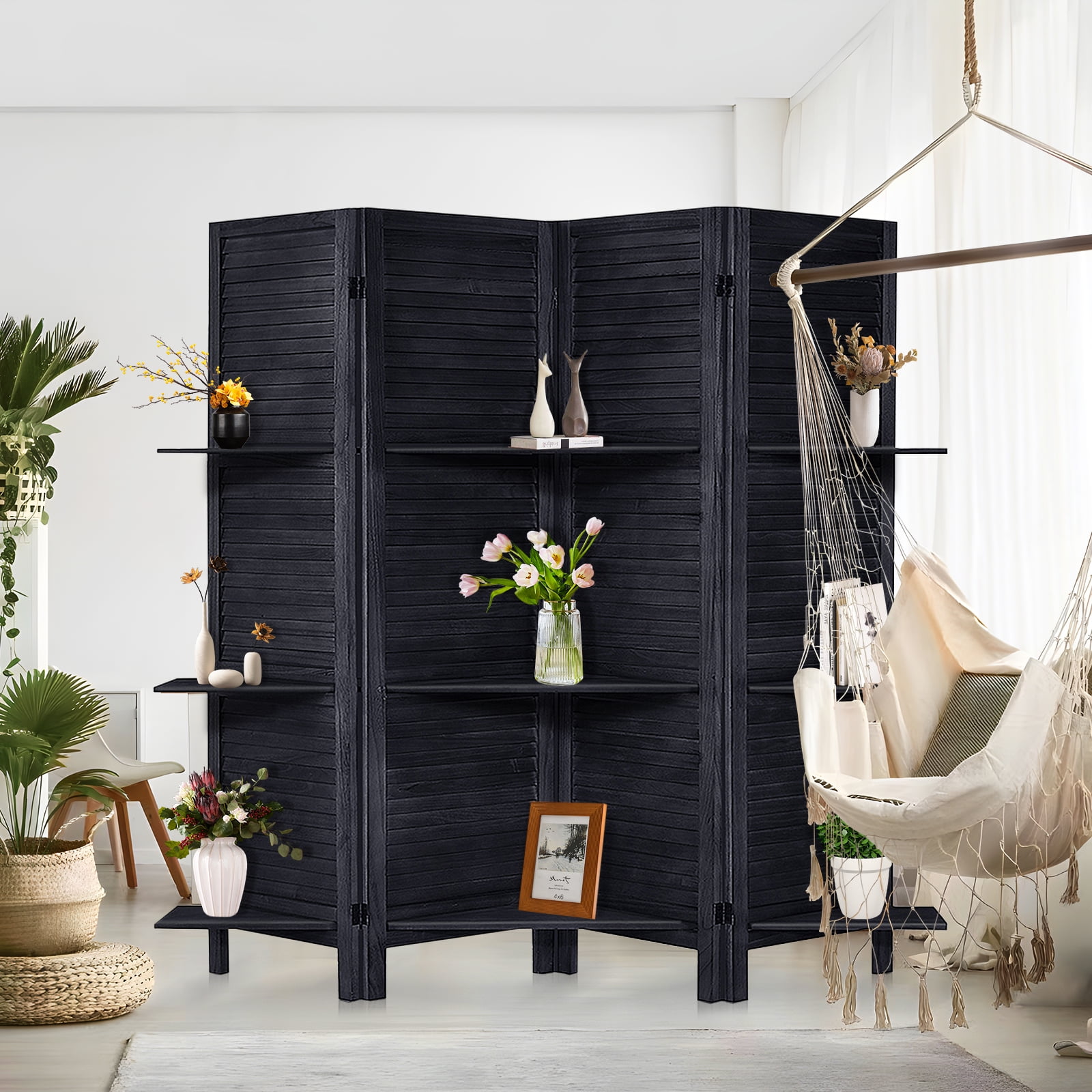 4-Panel Room Divider with Shelves,5.6ft Tall Folding Privacy Screen ...
