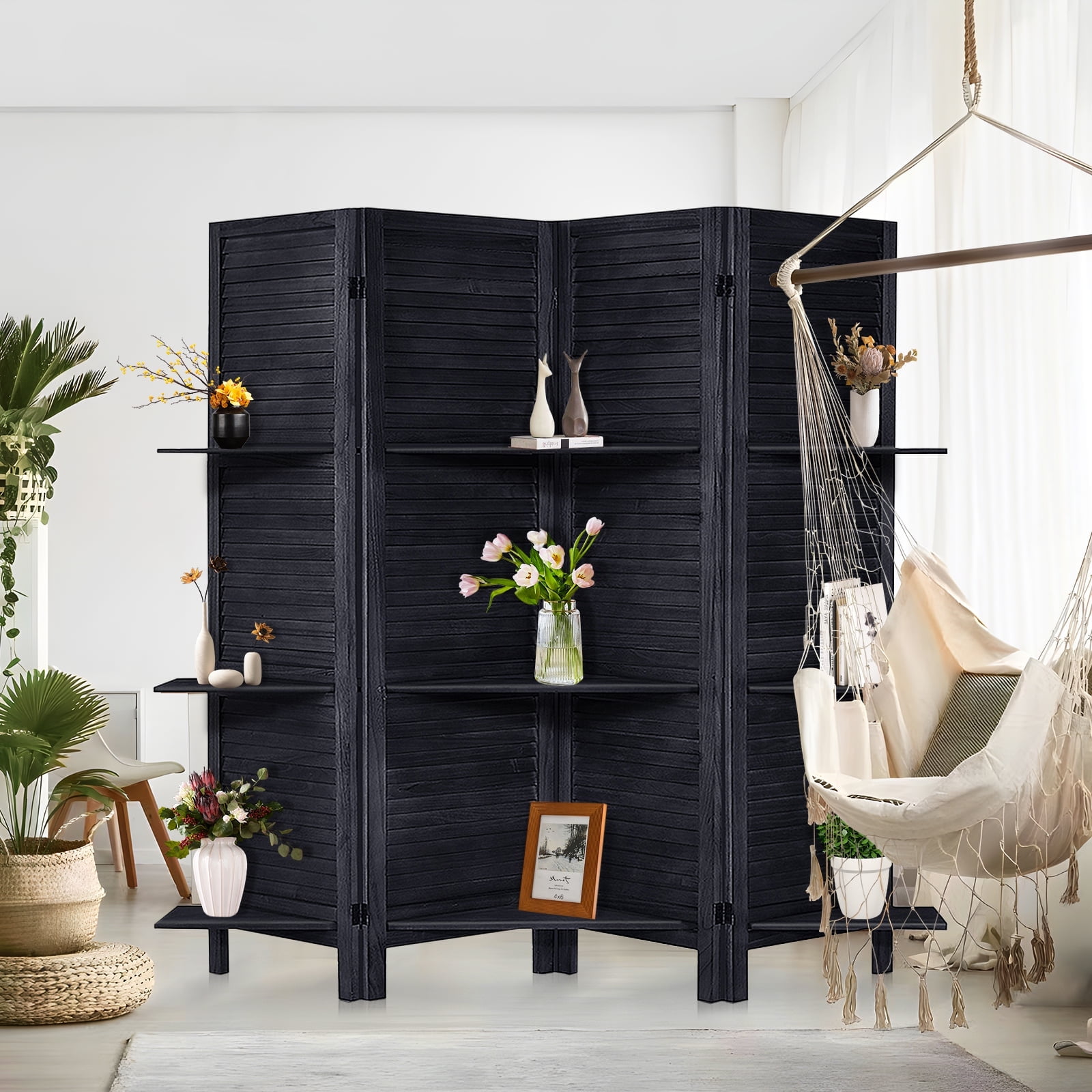 4-Panel Room Divider with Shelves,5.6ft Tall Folding Privacy Screen ...