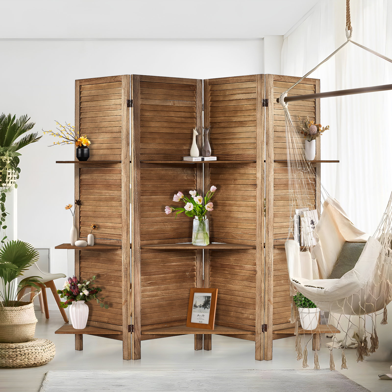 4-Panel Room Divider with Shelves,5.6ft Tall Folding Privacy Screen ...
