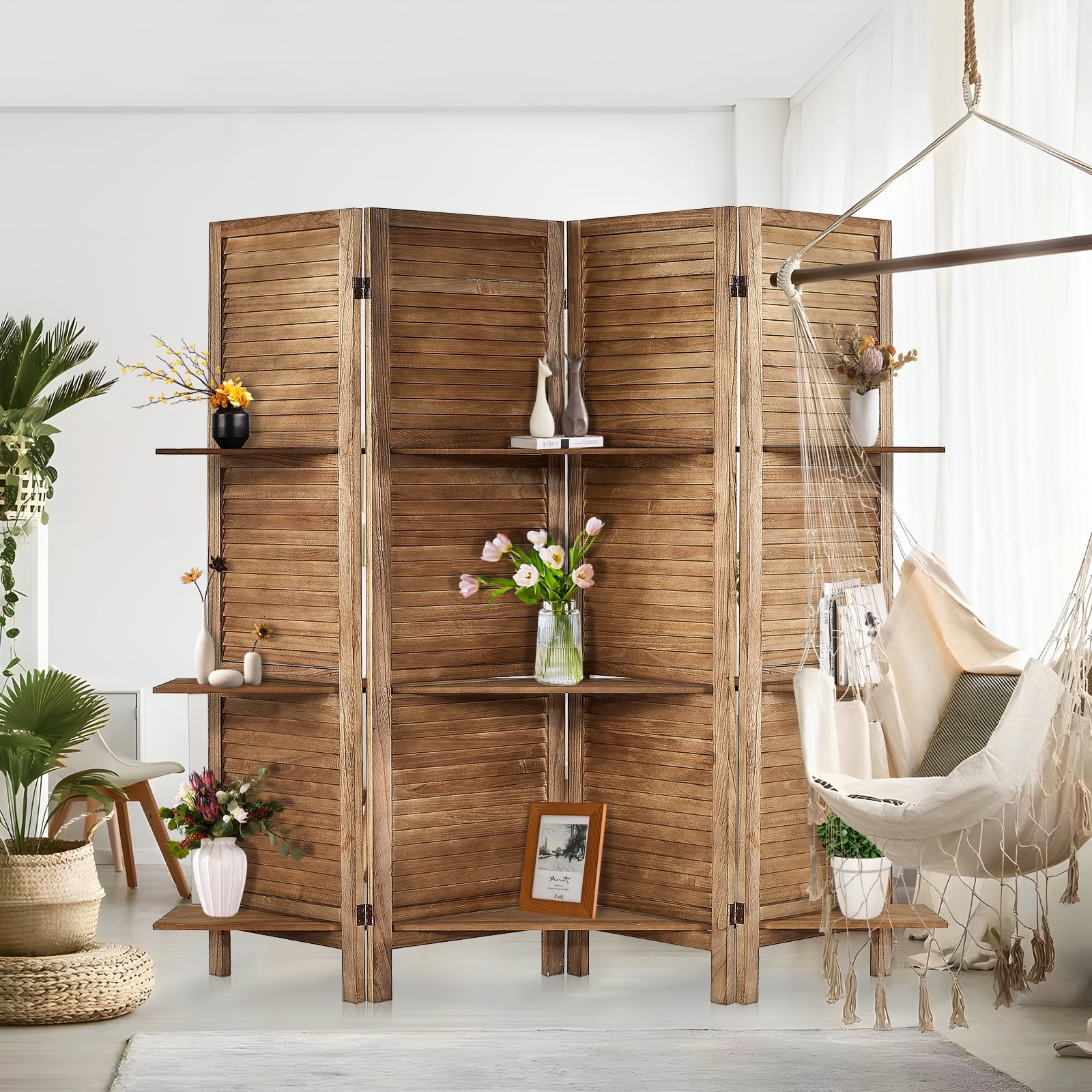 4-Panel Room Divider with Shelves,5.6ft Tall Folding Privacy Screen ...