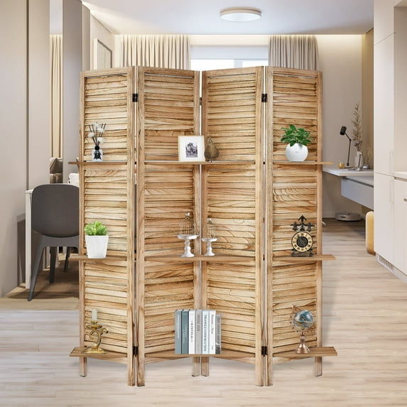 4-Panel Room Divider with Shelves，5.6ft Tall Folding Privacy Screen ...