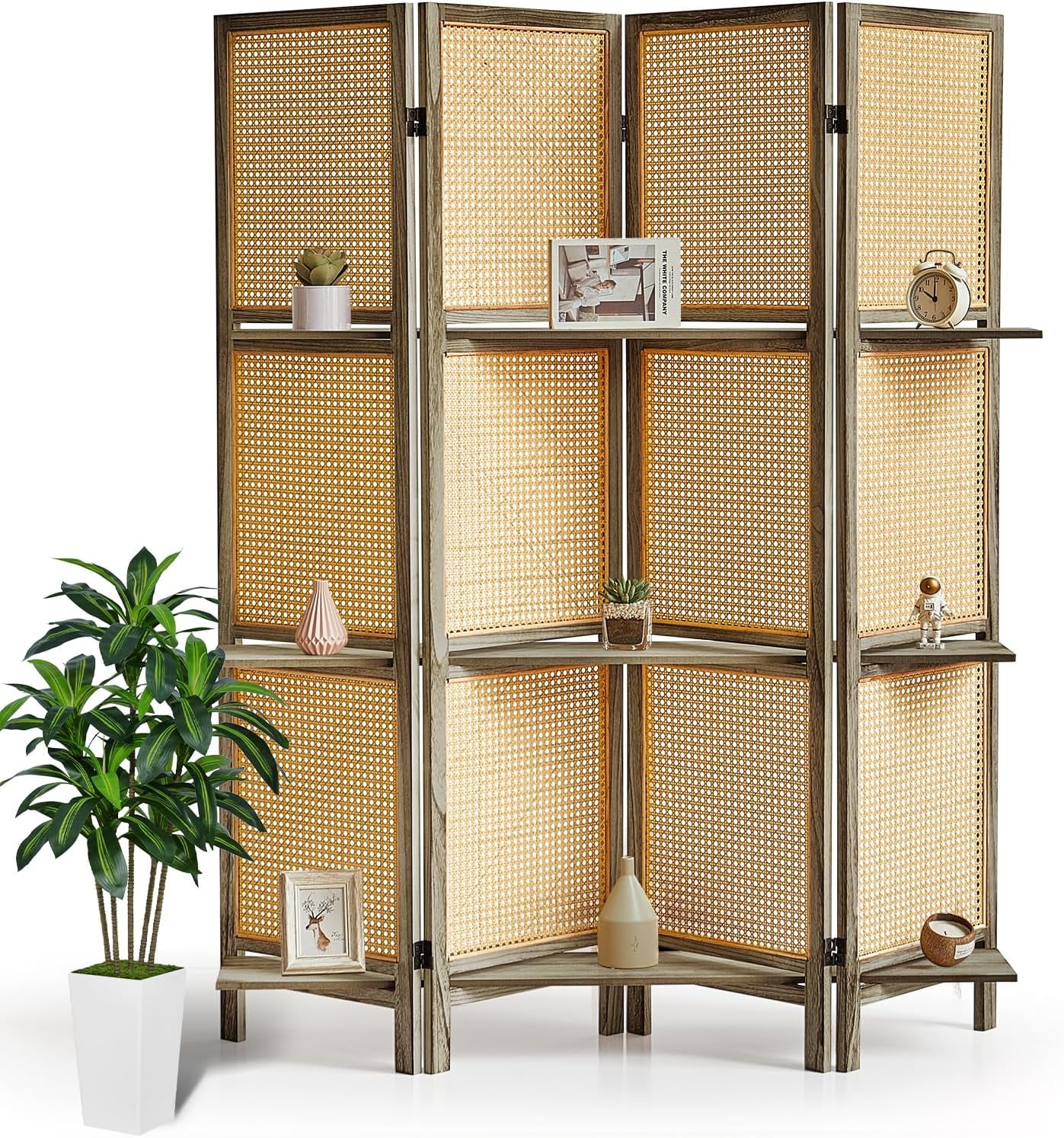 4 Panel Room Divider with Shelves, Foldable Wood Room Divider Panel ...