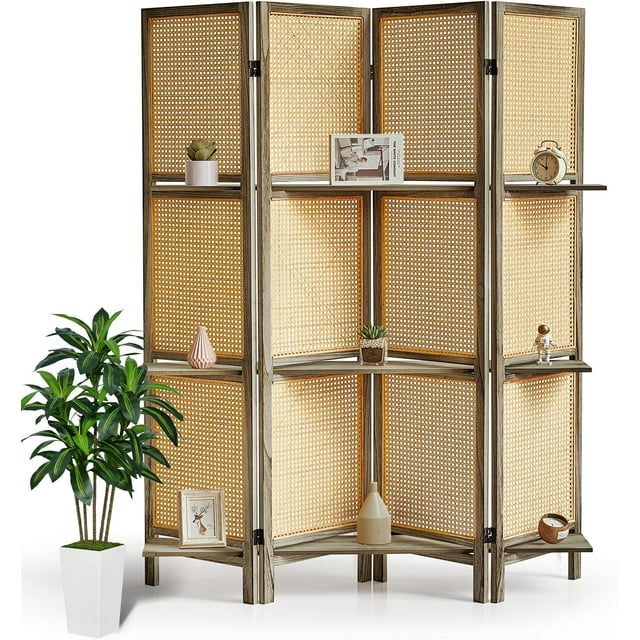 4 Panel Room Divider with Shelves, Foldable Wood Room Divider Panel ...