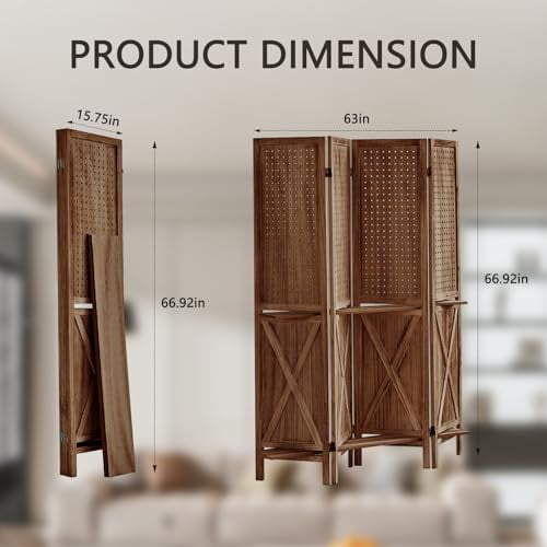 4 Panel Room Divider with Shelves, Wood Room Dividers and Folding ...