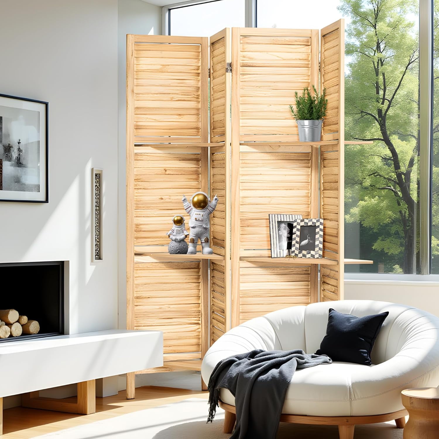 4 Panel Room Divider with Shelves Wood Privacy Screen Partition Room ...