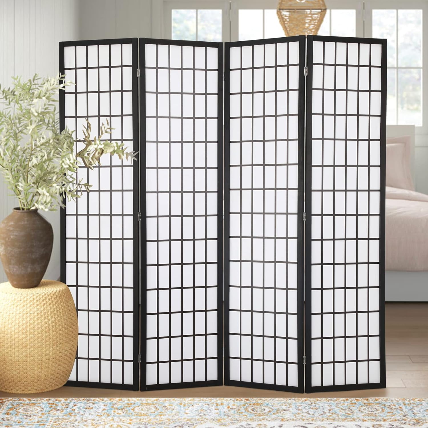 4 Panel Room Divider Wall Screen 5.9FT Tall Folding Wood Frame Privacy ...