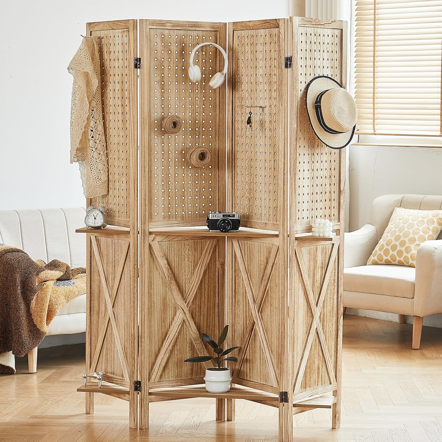 4 Panel Room Divider Wall with Shelves, Wood Room Dividers and Folding ...