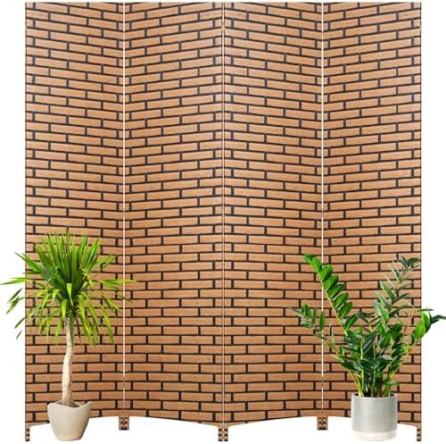 4-Panel Room Divider, Wooden Folding Screen, Woven Rattan, Brick Color ...