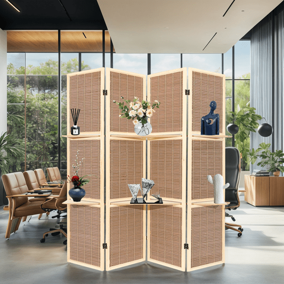 4 Panel Wood Folding Room Divider Privacy Screen Woven Bamboo Wall w ...