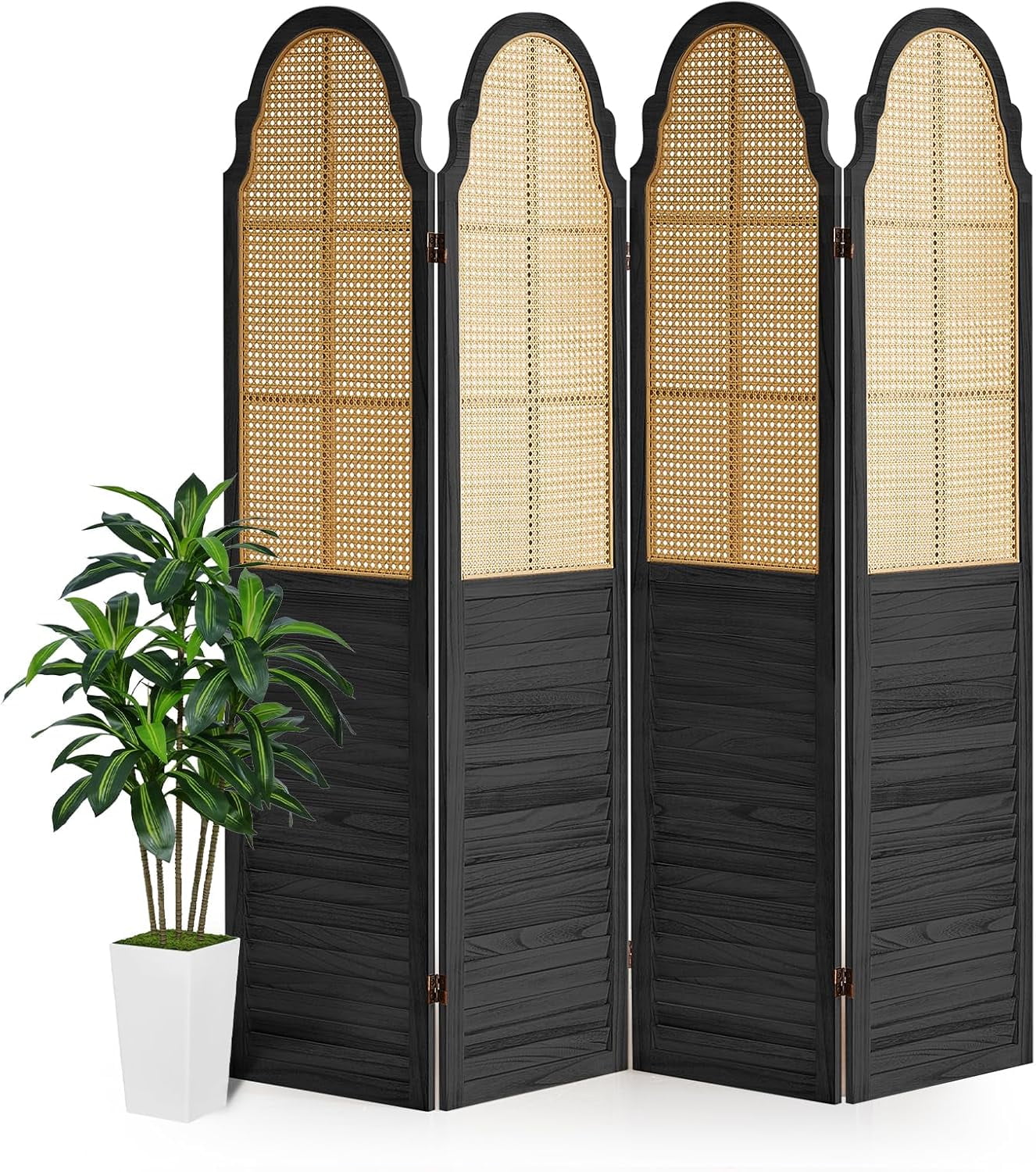 4 Panel Wood Room Divider, Folding Privacy Screen, Rattan Room Divider ...