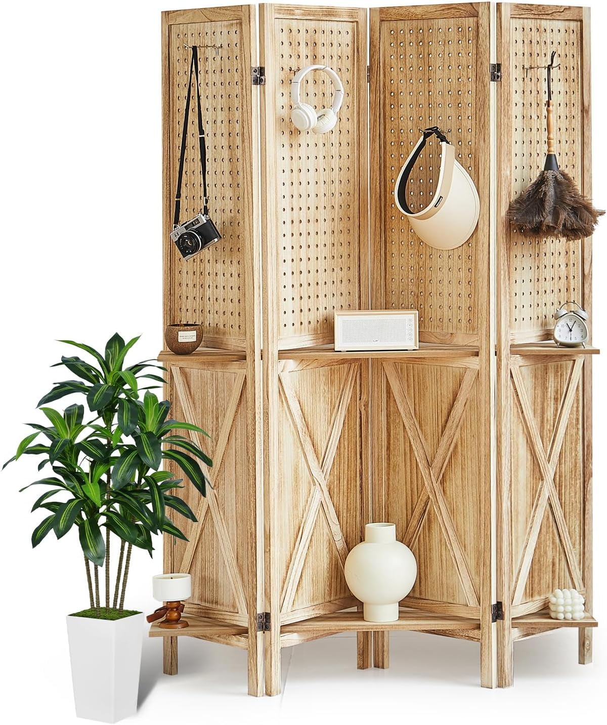 4 Panel Wood Room Divider with Shelves, Pegboard Display Stands with 16 ...