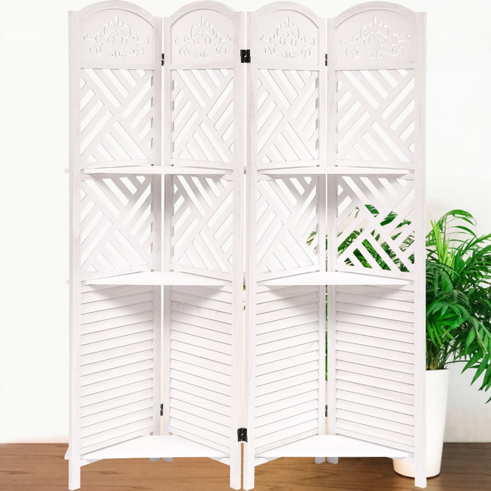 4 Panel Wood Room Divider with Shelves, SoildWood Room Divider, Folding ...