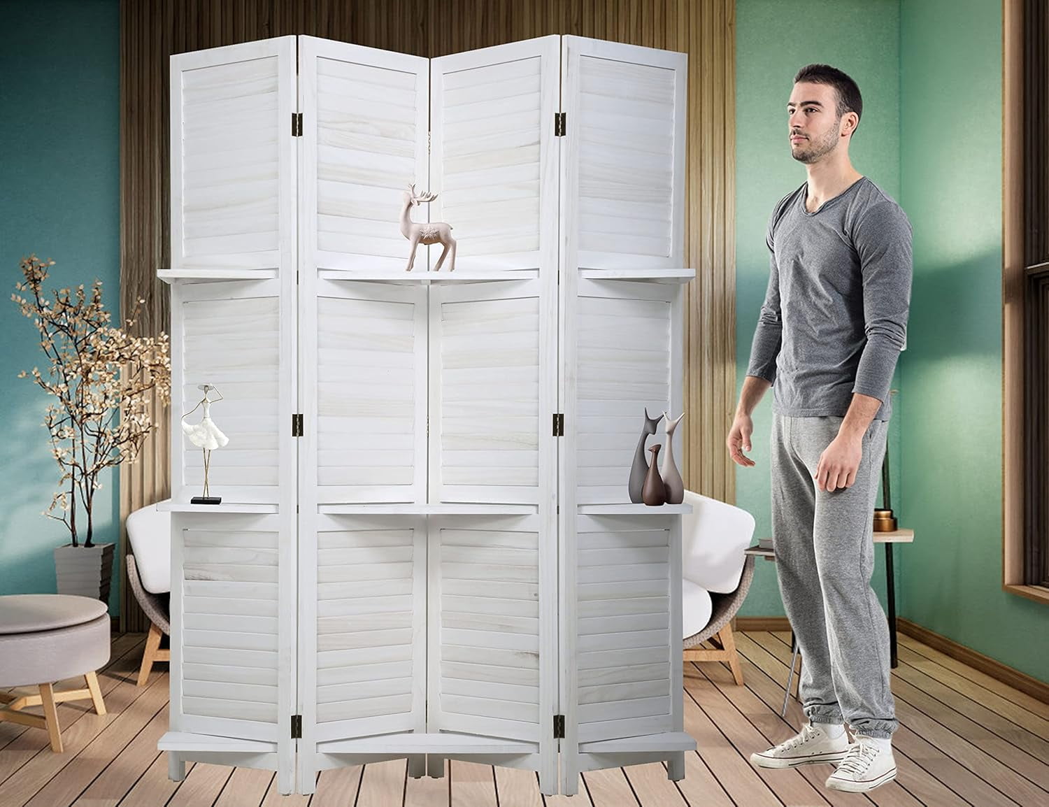 4 Panel Wood Room Dividers with Shelves Folding Privacy Screens ...