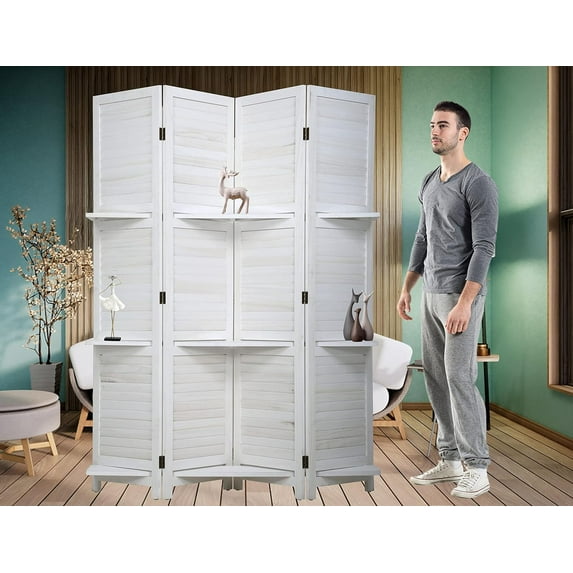 4 Panel Wood Room Dividers with Shelves Folding Privacy Screens ...