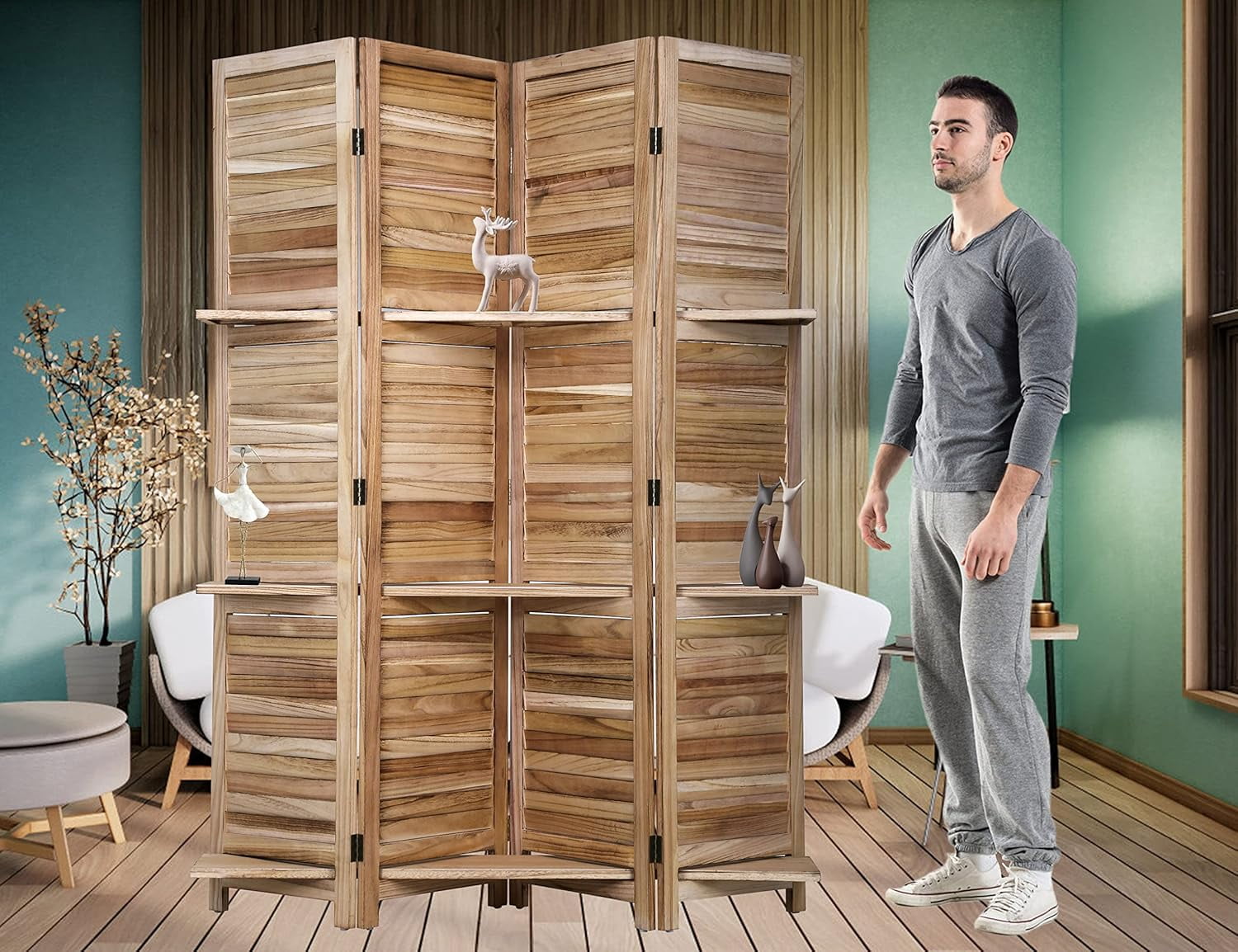 4 Panel Wood Room Dividers with Shelves Folding Privacy Screens ...