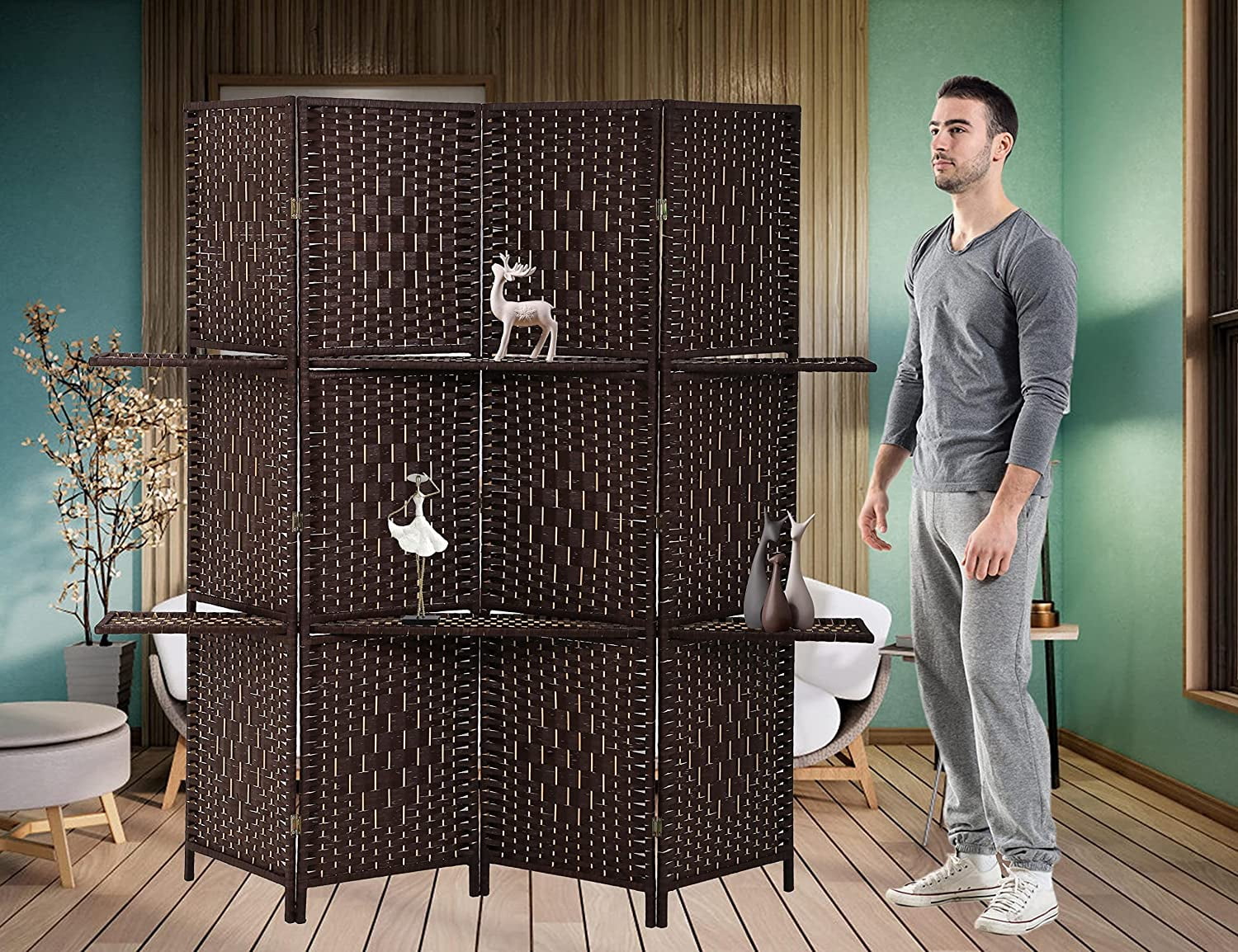 4 Panel Wood Room Dividers with Shelves Folding Privacy Screens ...