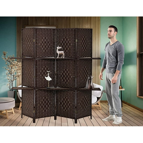 4 Panel Wood Room Dividers with Shelves Folding Privacy Screens ...